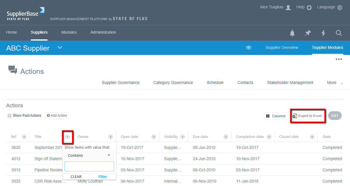 How to search and export actions – SupplierBase